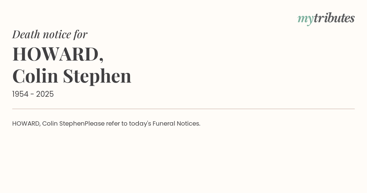 HOWARD, Colin Stephen | Death Notices | Adelaide | My Tributes