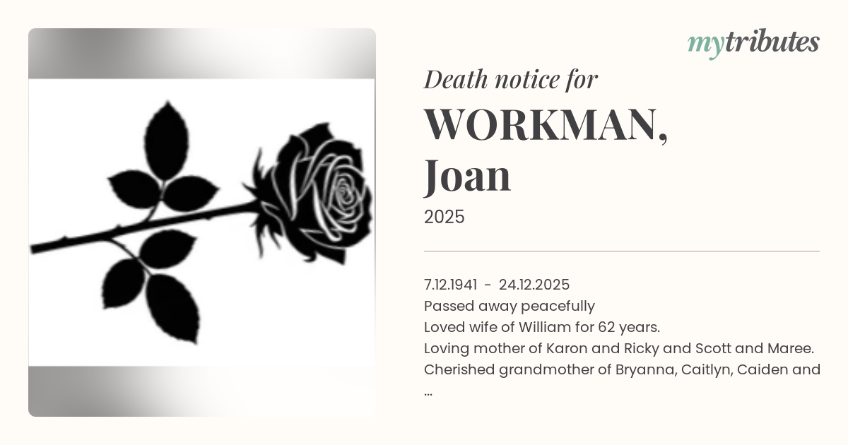 WORKMAN, Joan | Death Notices | Tasmania | My Tributes