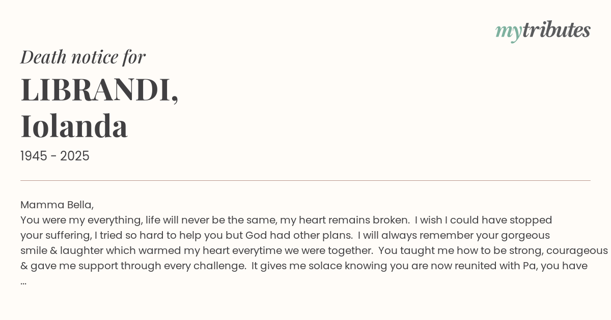 LIBRANDI, Iolanda | Death Notices | Adelaide | NT News