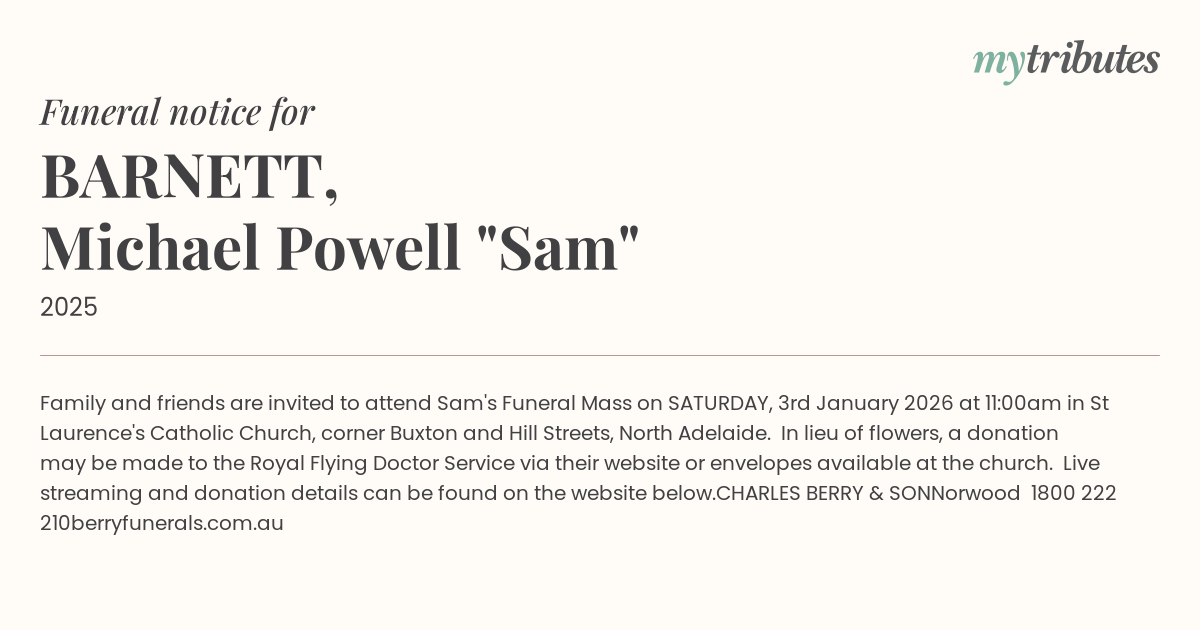 BARNETT, Michael Powell "Sam" | Funeral Notices | Adelaide | The Chronicle