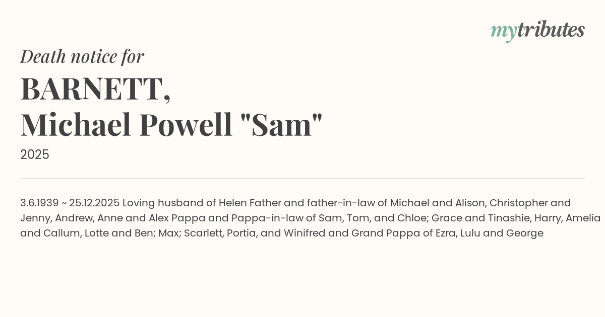 BARNETT, Michael Powell "Sam" | Death Notices | Adelaide | The Chronicle