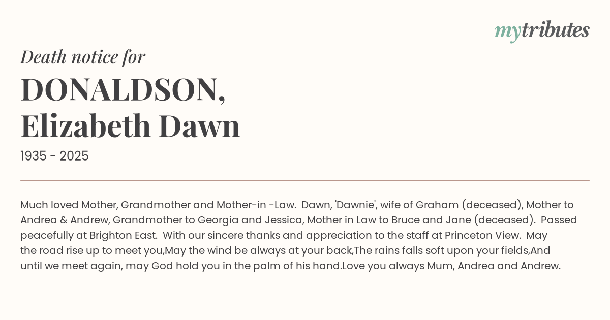 DONALDSON, Elizabeth Dawn | Death Notices | Melbourne | Herald Sun