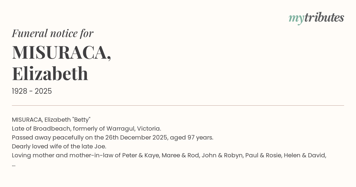 MISURACA, Elizabeth | Funeral Notices | Gold Coast | My Tributes