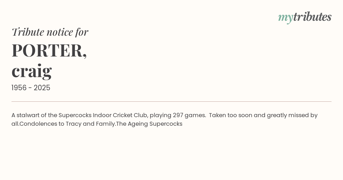 PORTER, craig | Tributes | Darwin | The Advertiser