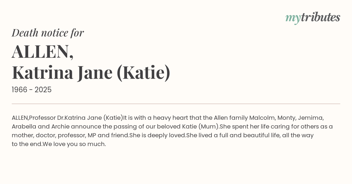 ALLEN, Katrina Jane (Katie) | Death Notices | Melbourne | My Tributes