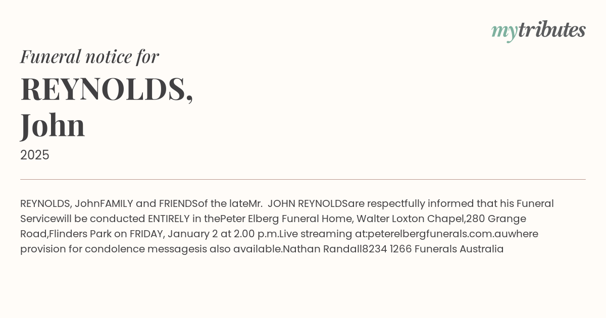 REYNOLDS, John | Funeral Notices | Adelaide | My Tributes