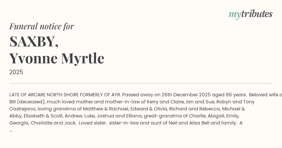 SAXBY, Yvonne Myrtle | Funeral Notices | Townsville | The Advertiser