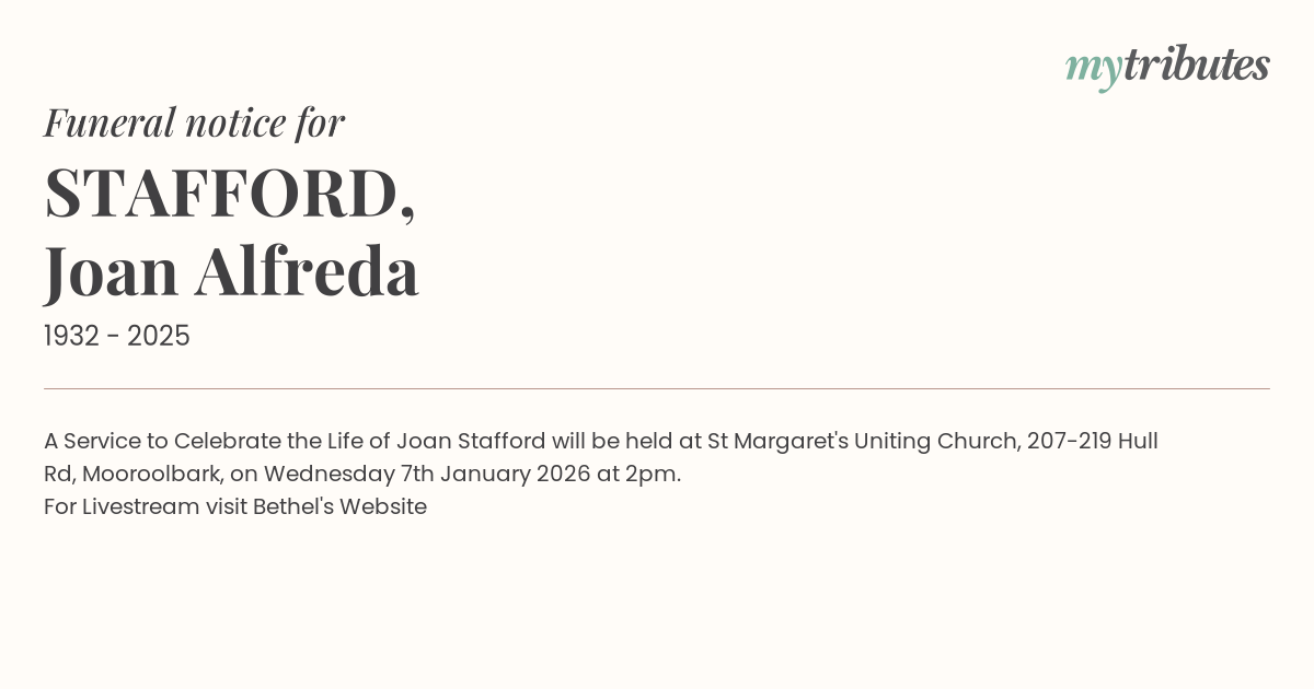 STAFFORD, Joan Alfreda | Funeral Notices | Melbourne | The Advertiser
