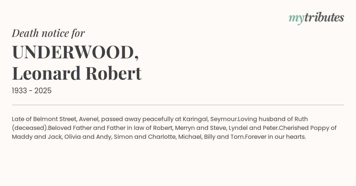 UNDERWOOD, Leonard Robert | Death Notices | Melbourne | The Courier Mail