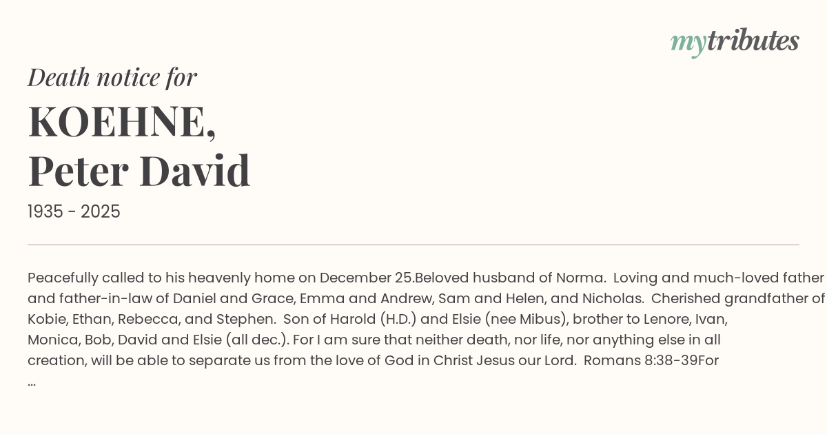 KOEHNE, Peter David | Death Notices | Adelaide | The Advertiser