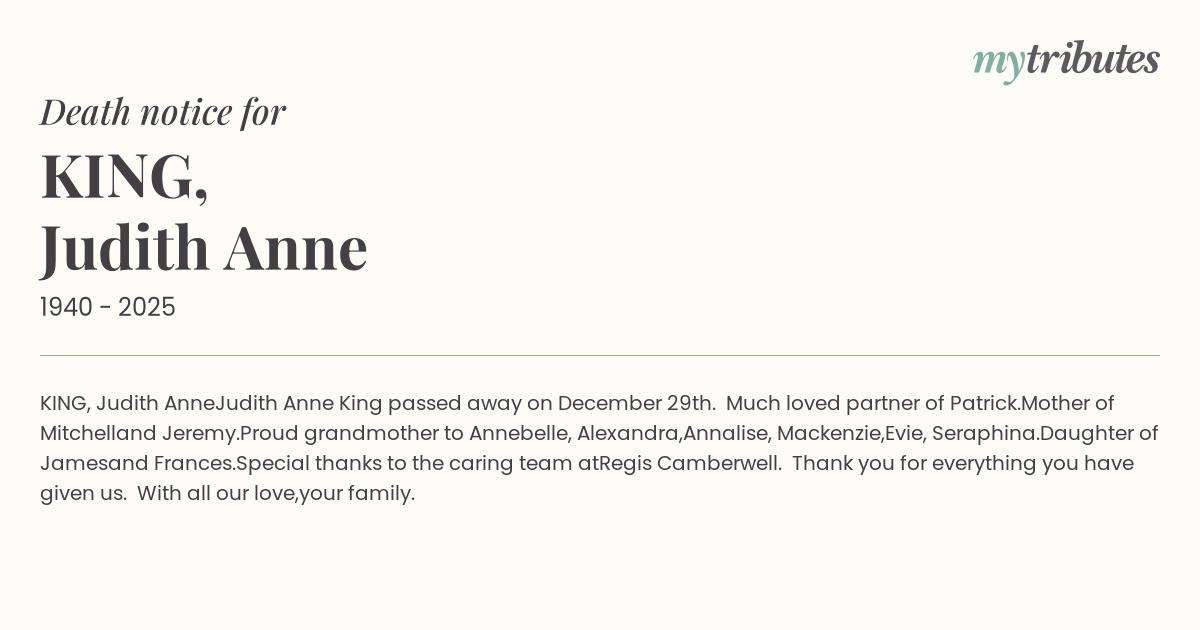 KING, Judith Anne | Death Notices | Melbourne | The Cairns Post