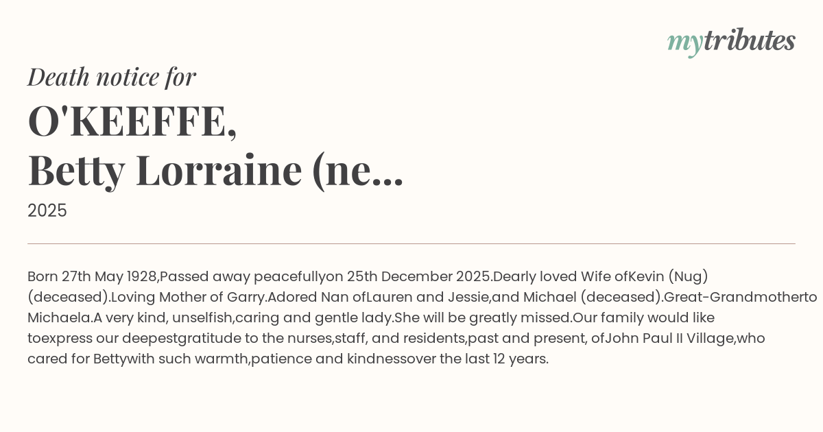 O'KEEFFE, Betty Lorraine (née Buckerfield) | Death Notices | Adelaide ...