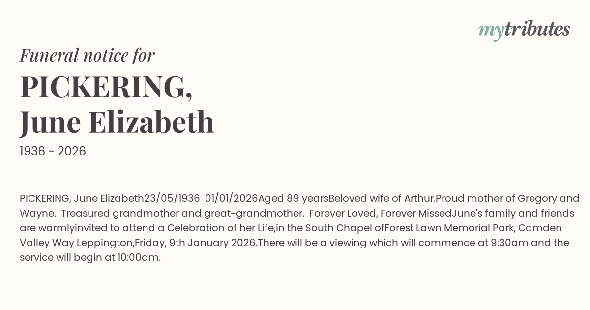 PICKERING, June Elizabeth | Funeral Notices | Sydney | Gold Coast Bulletin