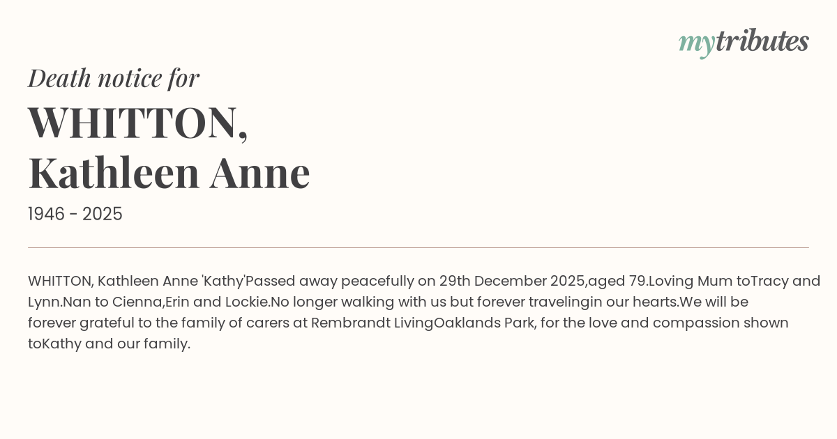 WHITTON, Kathleen Anne | Death Notices | Adelaide | My Tributes
