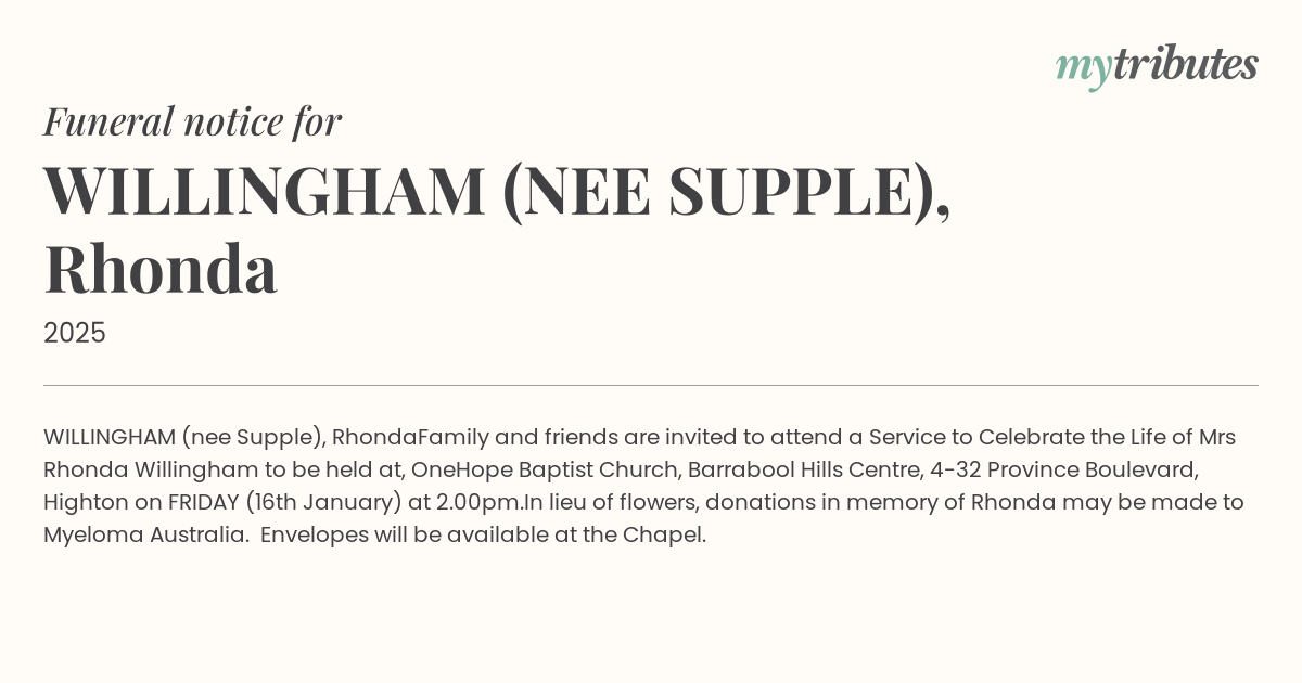 WILLINGHAM (NEE SUPPLE), Rhonda | Funeral Notices | Geelong | Weekly ...
