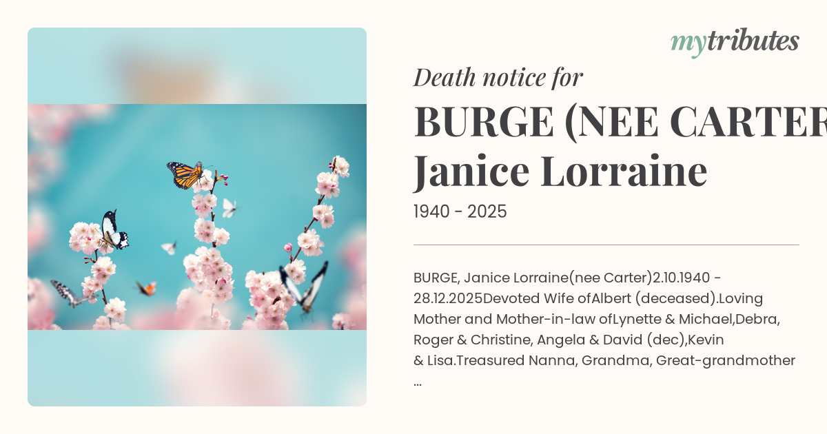 BURGE (NEE CARTER), Janice Lorraine | Death Notices | Adelaide | Gold ...