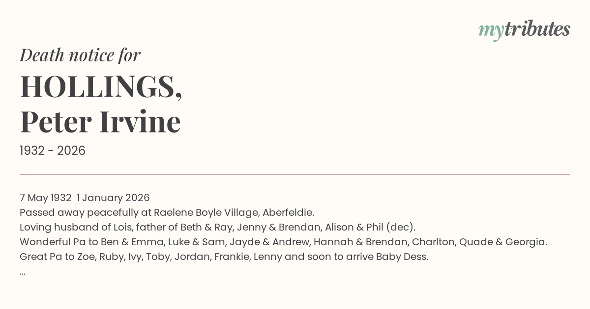 HOLLINGS, Peter Irvine | Death Notices | Melbourne | Daily Telegraph