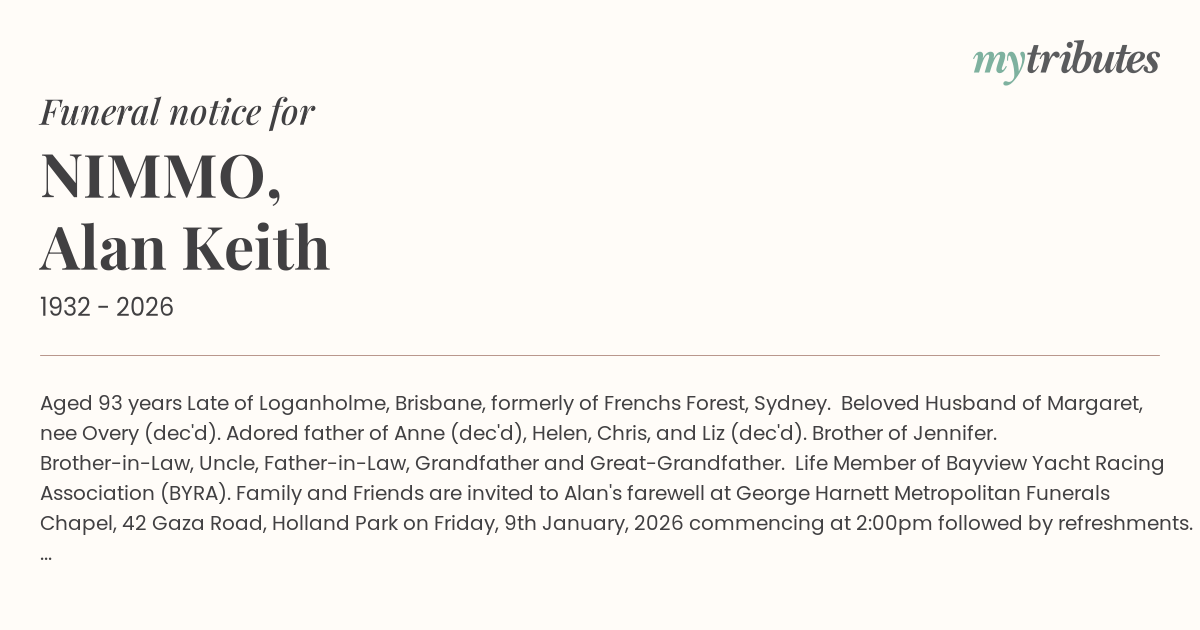 NIMMO, Alan Keith | Funeral Notices | Brisbane | The Advertiser