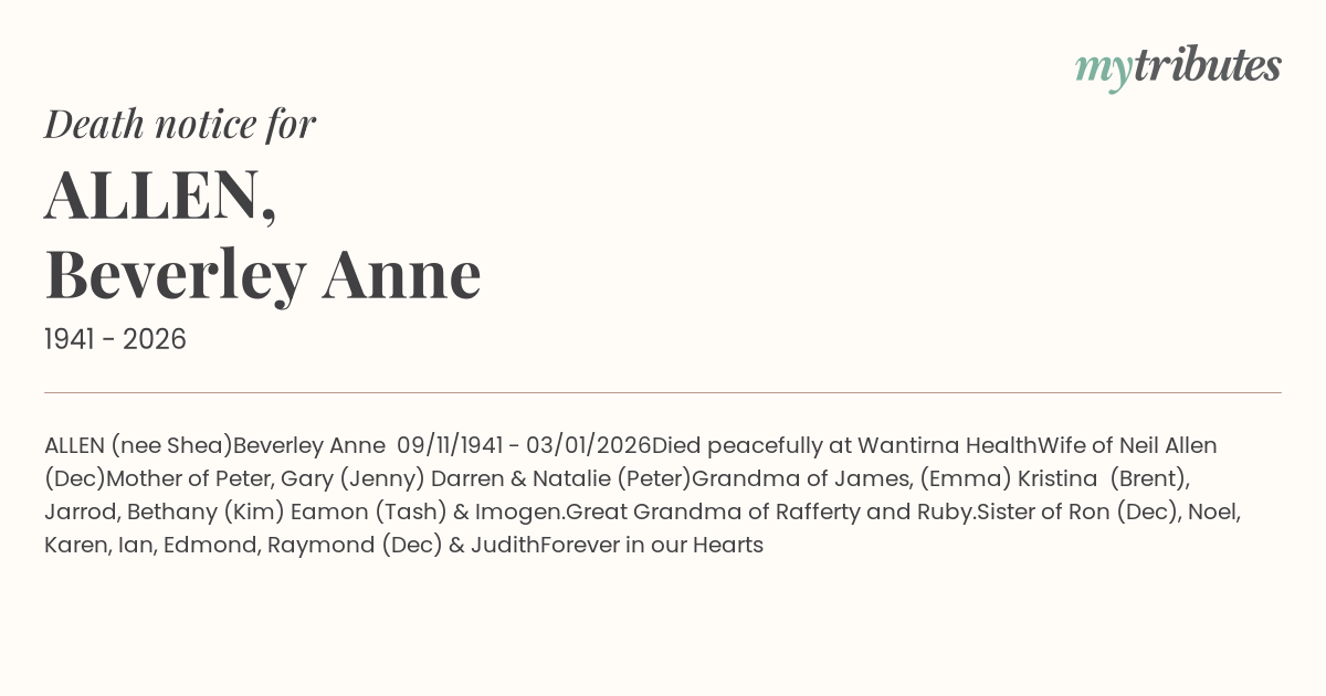 ALLEN, Beverley Anne | Death Notices | Melbourne | My Tributes