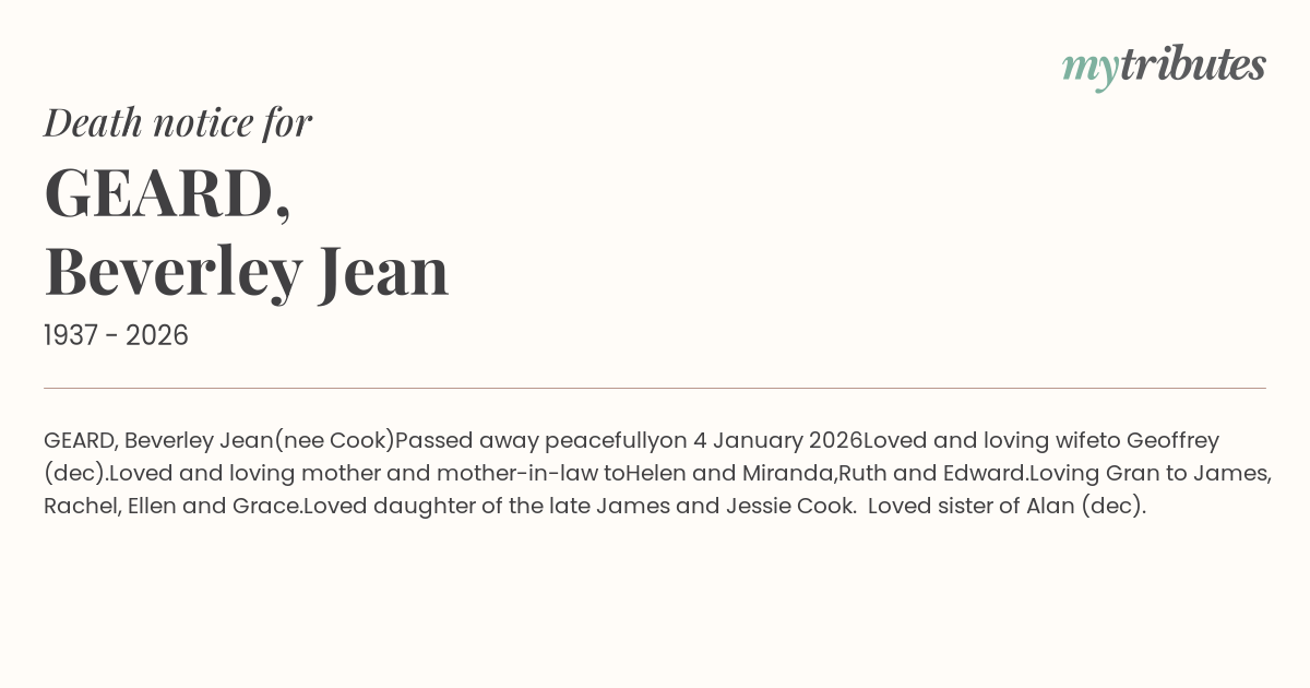 GEARD, Beverley Jean | Death Notices | Tasmania | My Tributes