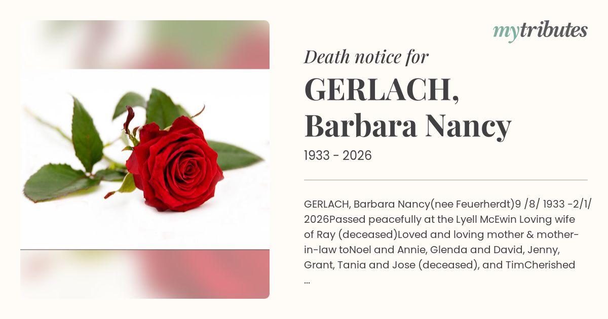 GERLACH, Barbara Nancy | Death Notices | Adelaide | Townsville Bulletin