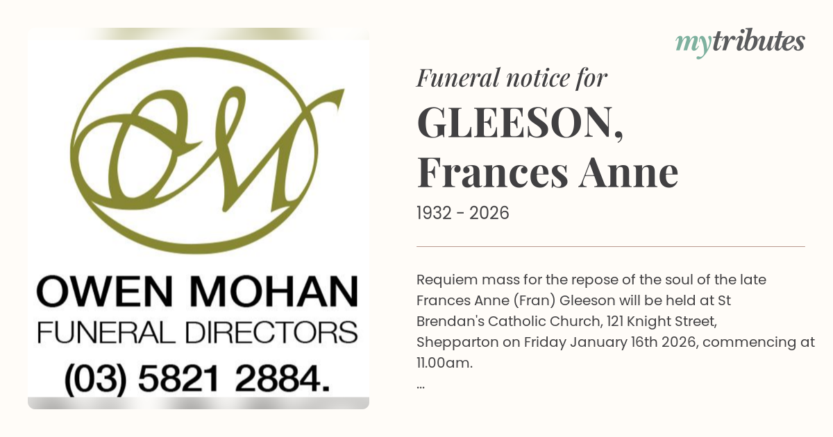 GLEESON, Frances Anne | Funeral Notices | Melbourne | My Tributes