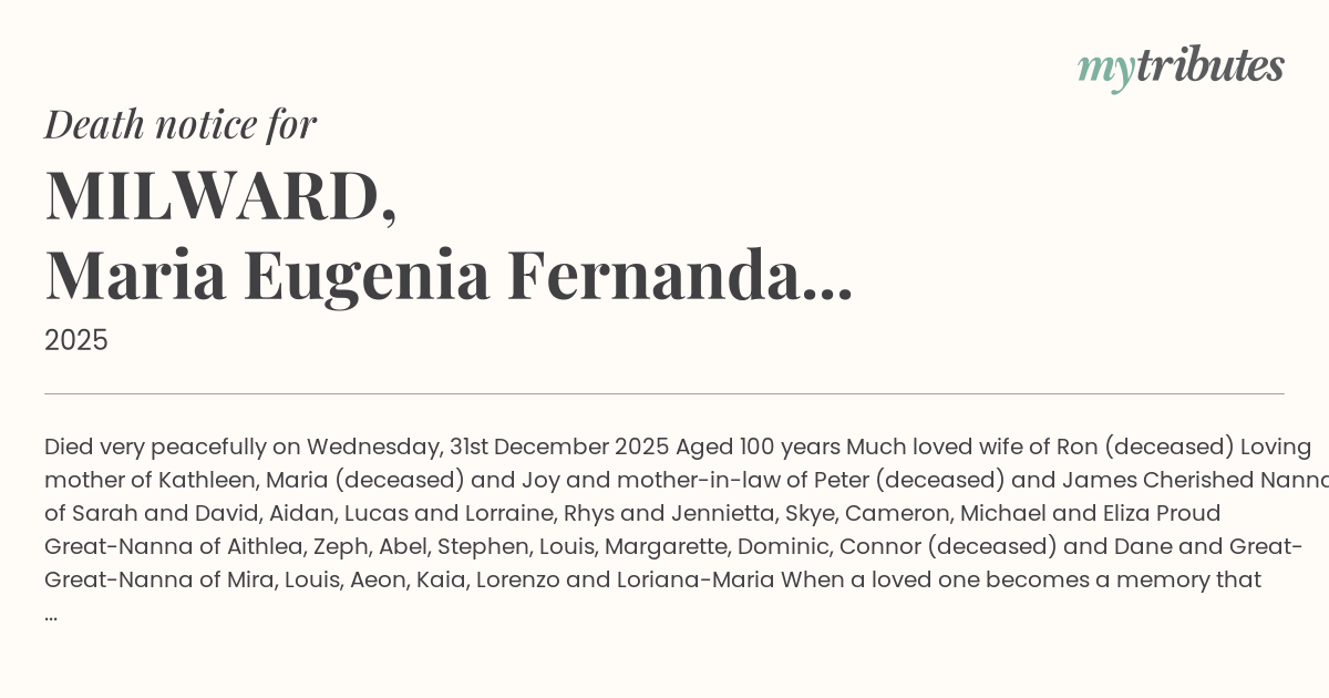 MILWARD, Maria Eugenia Fernanda "Fern" (nee Giunta) | Death Notices ...