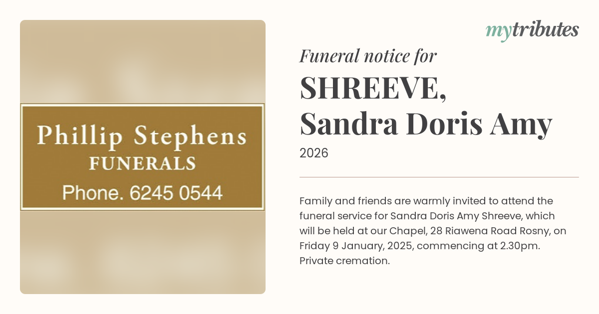 SHREEVE, Sandra Doris Amy | Funeral Notices | Tasmania | My Tributes