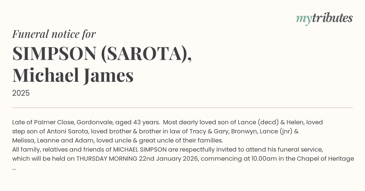 SIMPSON (SAROTA), Michael James | Funeral Notices | Cairns | The ...