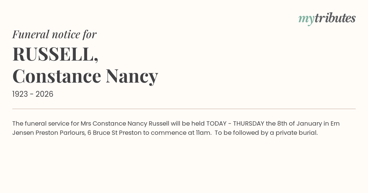 RUSSELL, Constance Nancy | Funeral Notices | Melbourne | My Tributes
