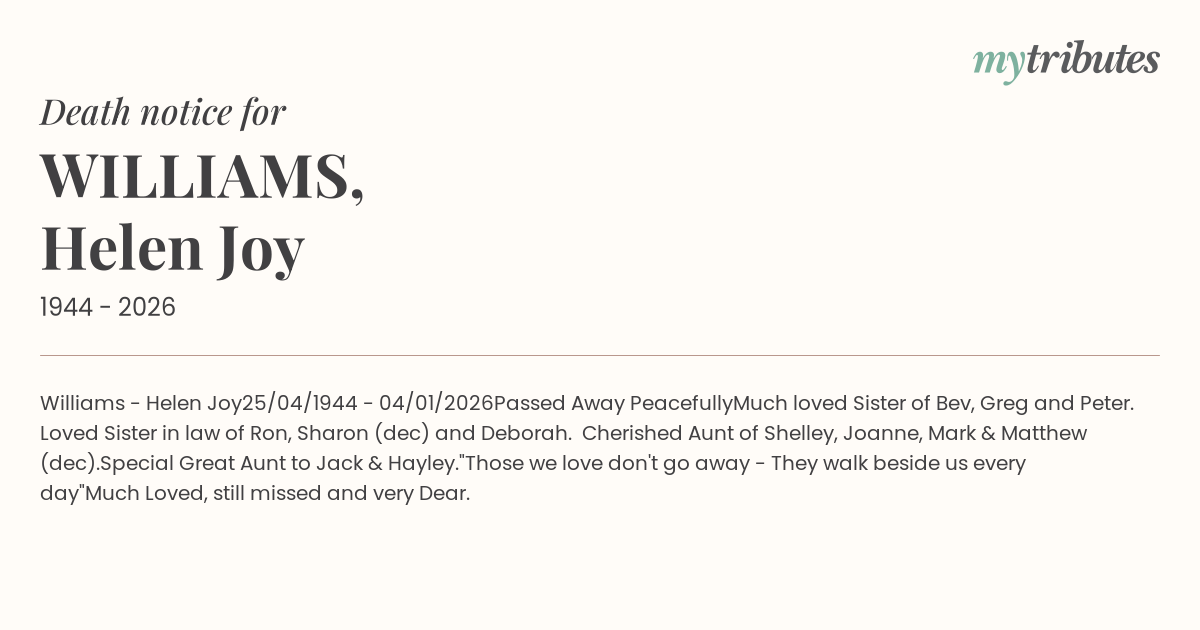 WILLIAMS, Helen Joy | Death Notices | Melbourne | Townsville Bulletin