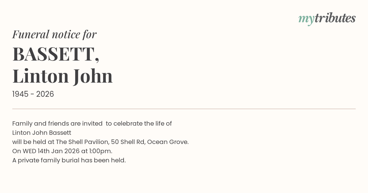 BASSETT, Linton John | Funeral Notices | Geelong | The Advertiser