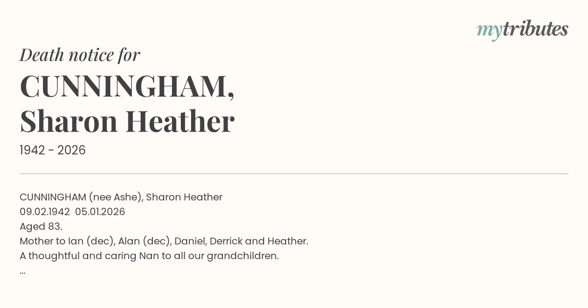 CUNNINGHAM, Sharon Heather | Death Notices | Tasmania | The Advertiser