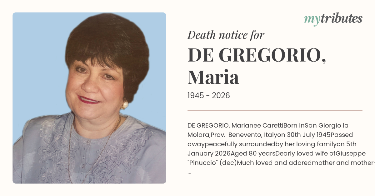 DE GREGORIO, Maria | Death Notices | Adelaide | My Tributes