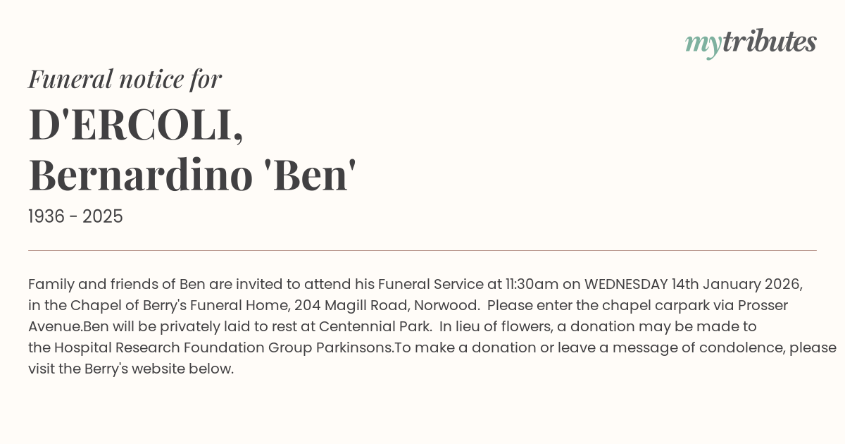 D'ERCOLI, Bernardino 'Ben' | Funeral Notices | Adelaide | The Advertiser