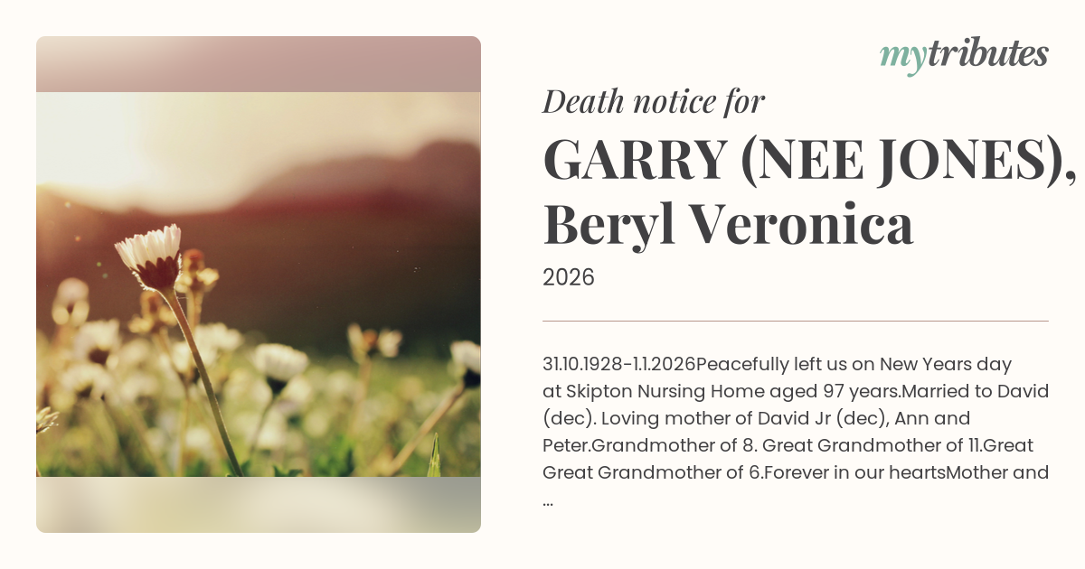 GARRY (NEE JONES), Beryl Veronica | Death Notices | Melbourne | Weekly ...