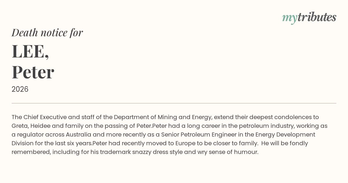 LEE, Peter | Death Notices | Darwin | The Advertiser