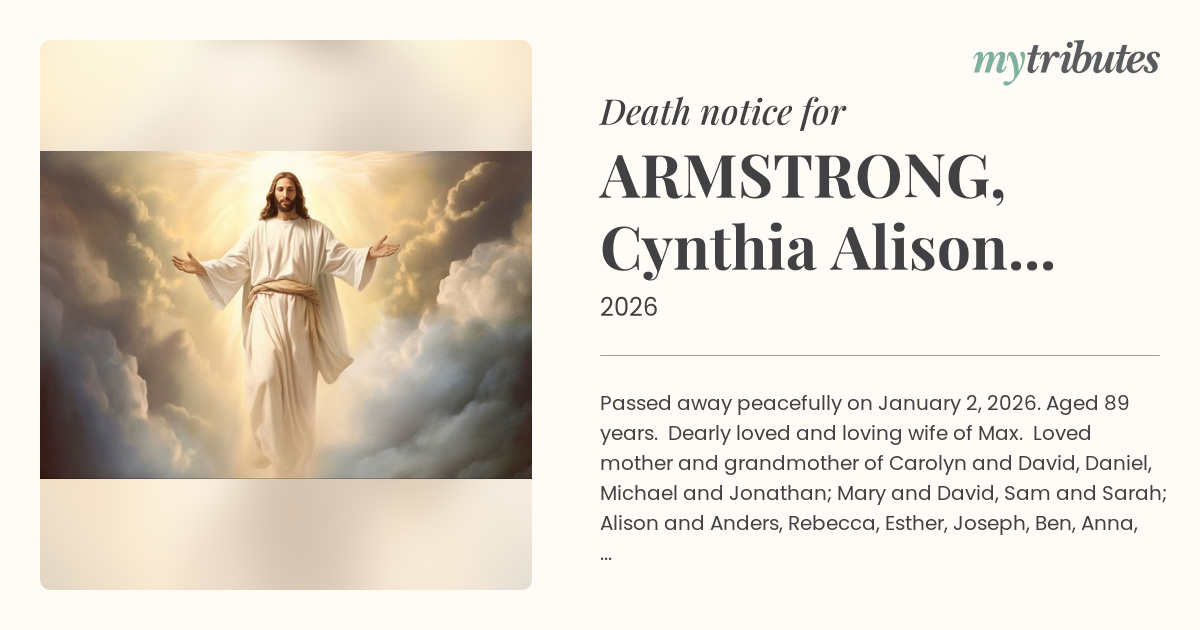 ARMSTRONG, Cynthia Alison (nee Hockham) | Death Notices | Adelaide ...