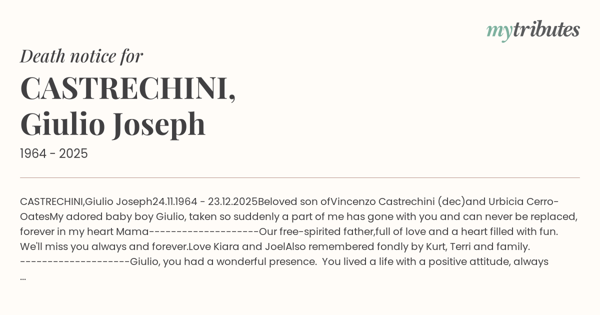 CASTRECHINI, Giulio Joseph | Death Notices | Adelaide | The Advertiser