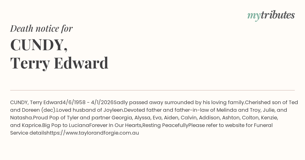 CUNDY, Terry Edward | Death Notices | Adelaide | Townsville Bulletin