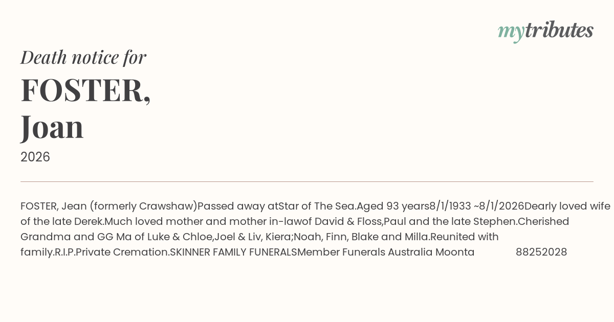 FOSTER, Joan | Death Notices | Adelaide | The Advertiser