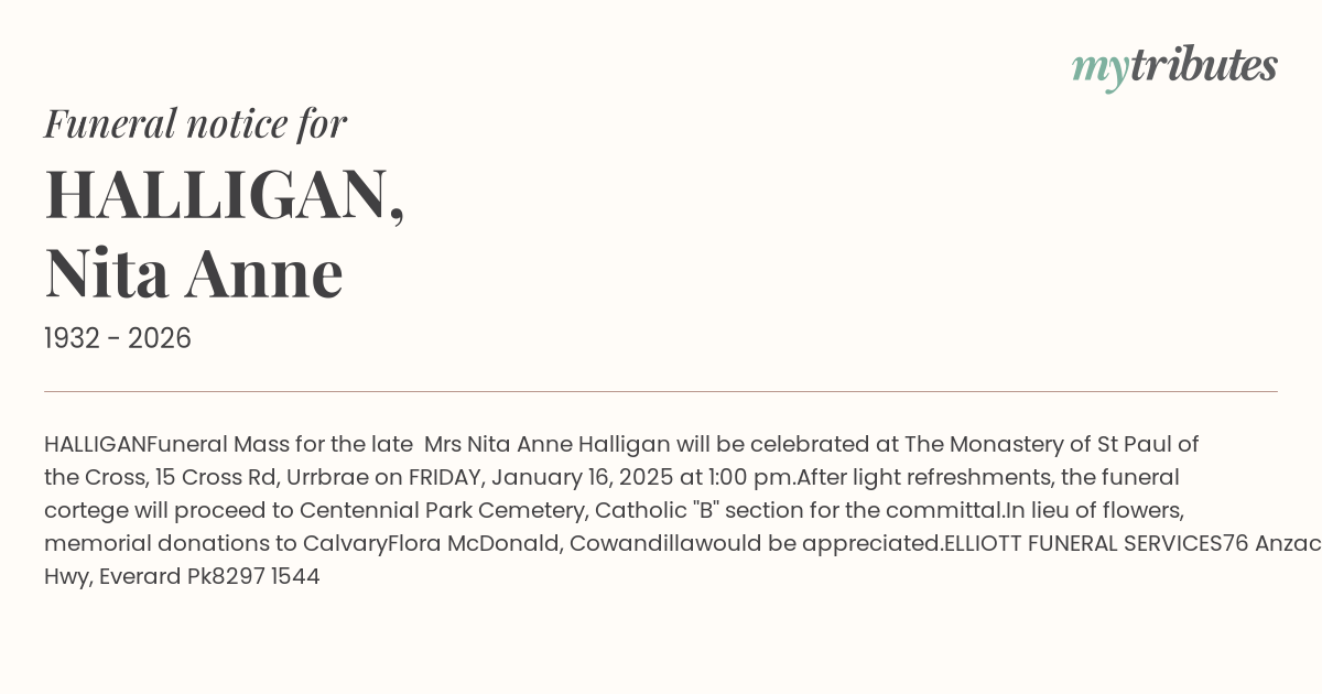 HALLIGAN, Nita Anne | Funeral Notices | Adelaide | My Tributes