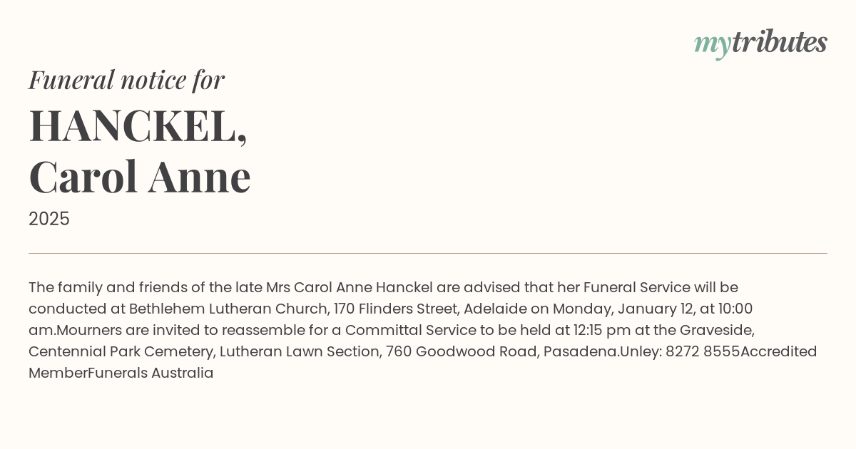 HANCKEL, Carol Anne | Funeral Notices | Adelaide | Weekly Times Now