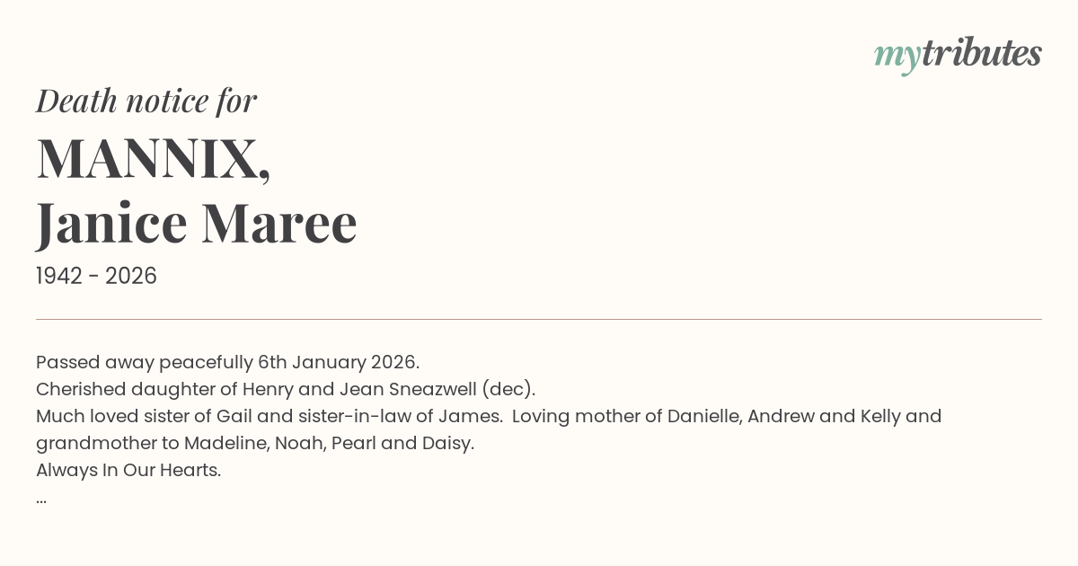 MANNIX, Janice Maree | Death Notices | Melbourne | The Advertiser
