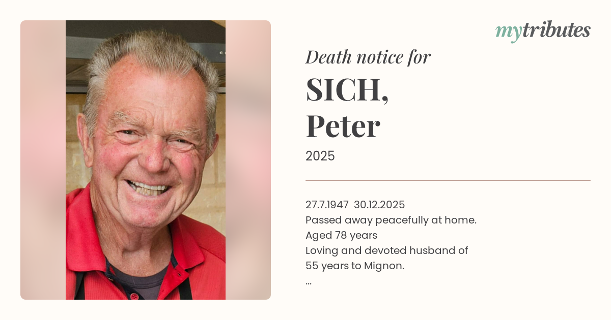 SICH, Peter | Death Notices | Adelaide | The Advertiser