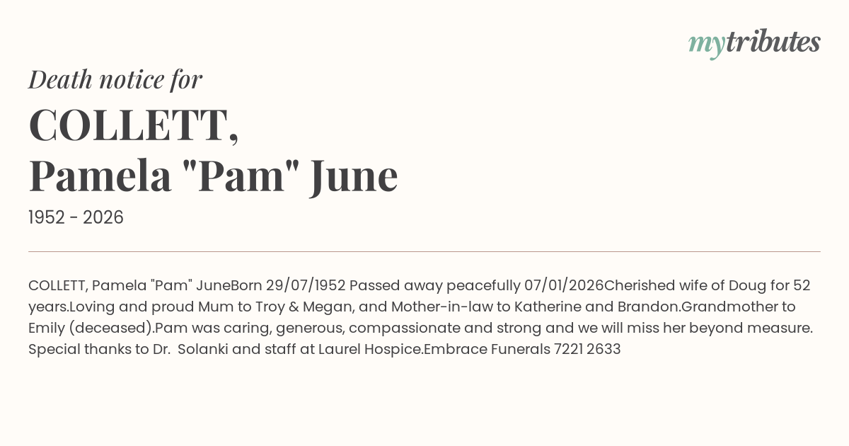 COLLETT, Pamela "Pam" June | Death Notices | Adelaide | The Advertiser