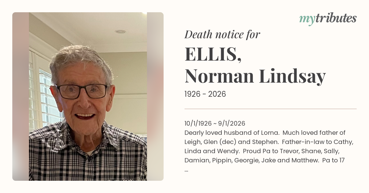 ELLIS, Norman Lindsay | Death Notices | Melbourne | Geelong Advertiser