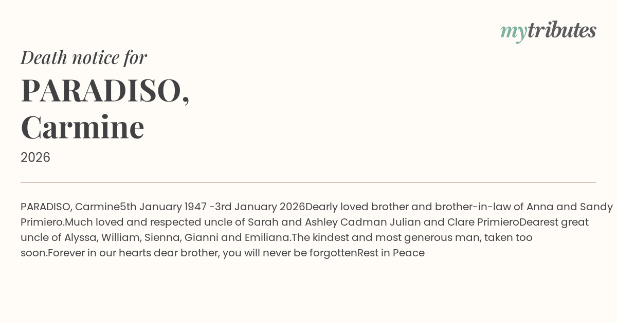 PARADISO, Carmine | Death Notices | Adelaide | The Advertiser