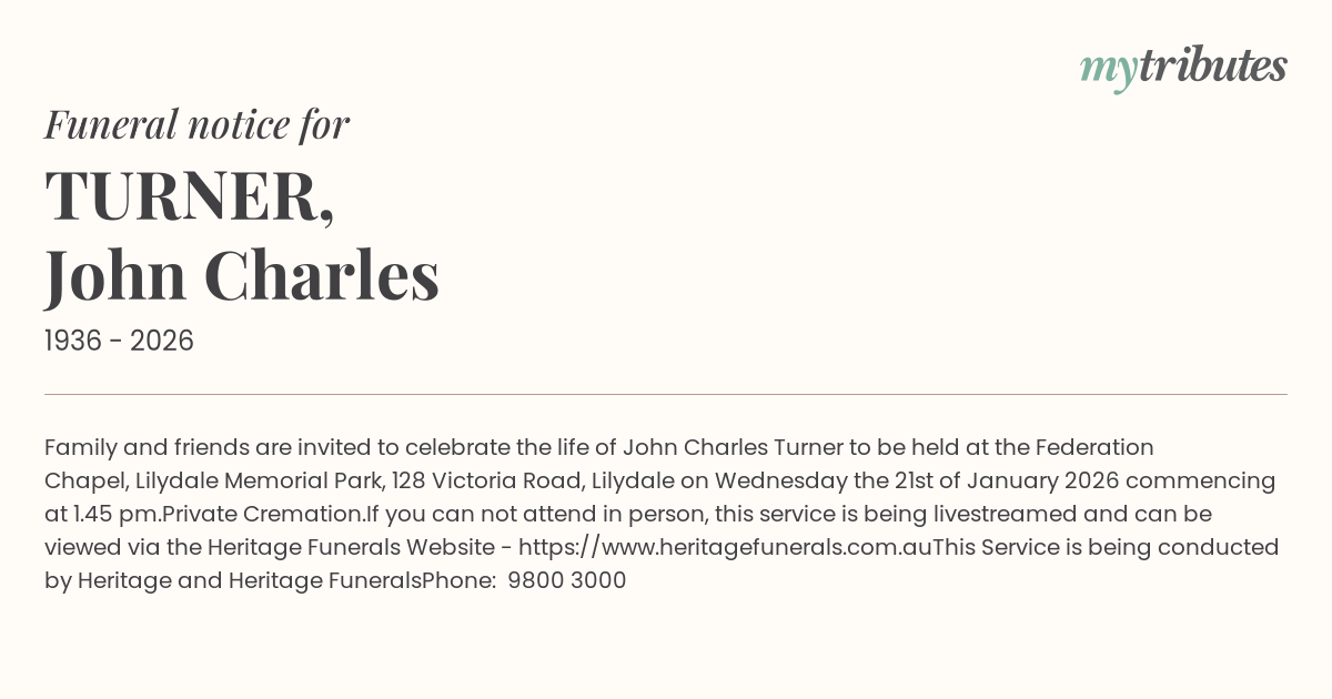 TURNER, John Charles | Funeral Notices | | Geelong Advertiser