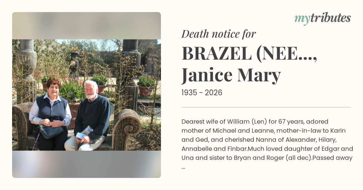BRAZEL (NEE EDMONDSON), Janice Mary | Death Notices | Melbourne ...